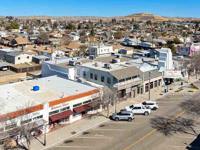 Bird's-eye view reveals a compact downtown surrounded by rooftops that won't require a second mortgage.