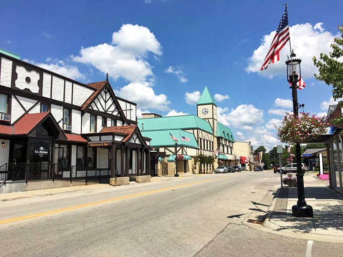 Tudor-style buildings add European flair to this downtown, like someone sprinkled a bit of England into the heartland.