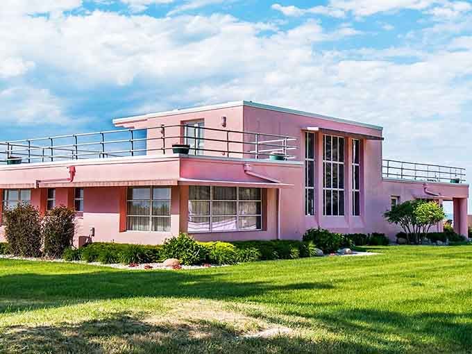 This pink Art Deco beauty looks like it sailed straight from Miami Beach to the Midwest.