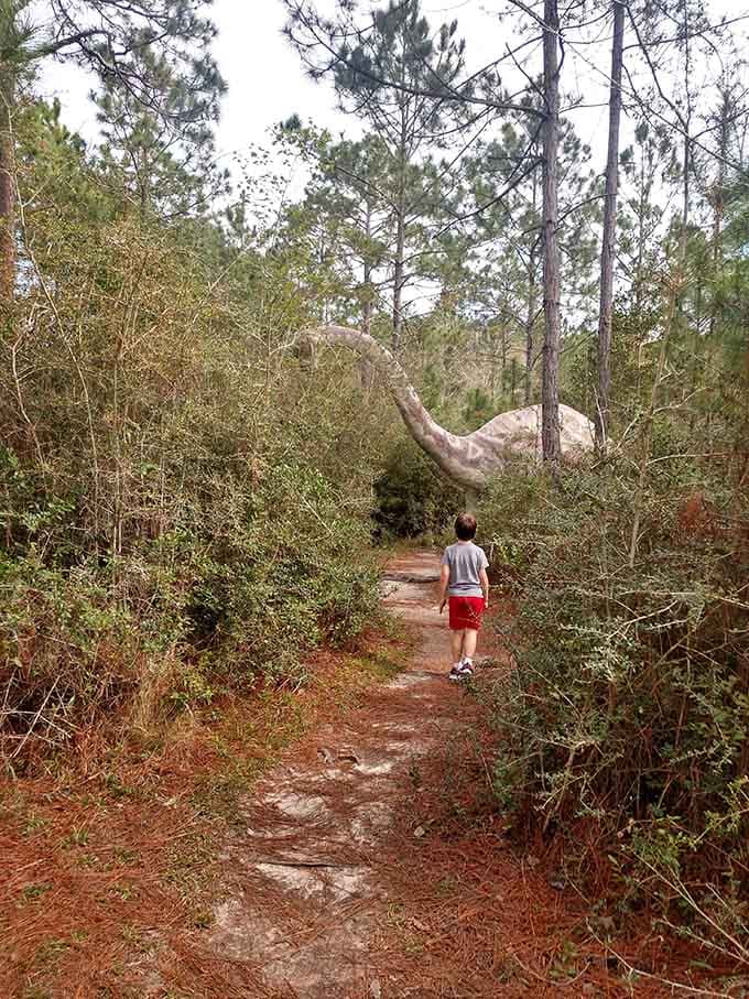 A young explorer ventures down the pine-needle path toward a brontosaurus neck stretching high above the Alabama forest canopy.