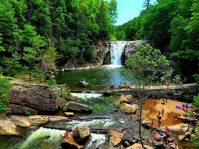 Families gather on sun-warmed rocks around the swimming hole where the waterfall creates nature's perfect summer playground.