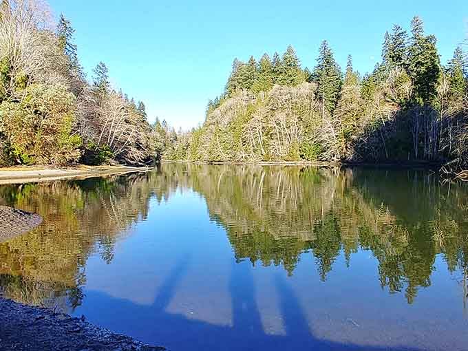 Mirror-perfect reflections turn this peaceful cove into nature's own Rorschach test, only prettier and more calming.