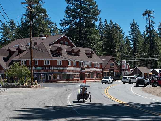 A vintage car cruising through town proves some places still move at the perfect speed.