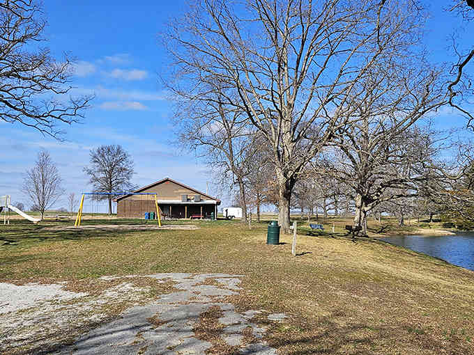 Bare winter trees frame a peaceful pond where locals have gathered for picnics and quiet reflection since their great-grandparents' time.