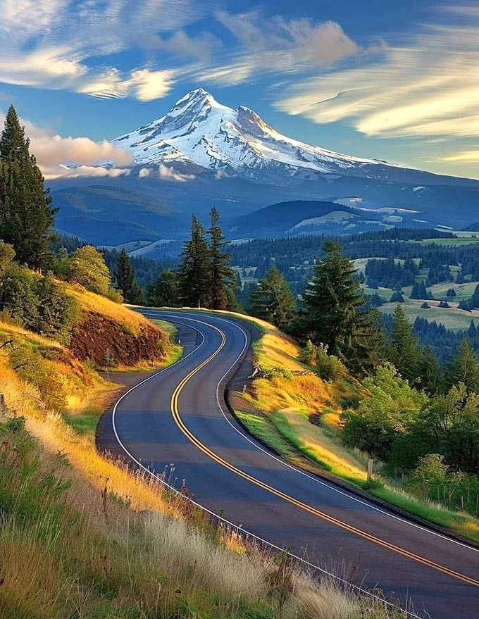 Golden hillsides frame the winding road while the mountain floats above in clouds that paint the sky with color.