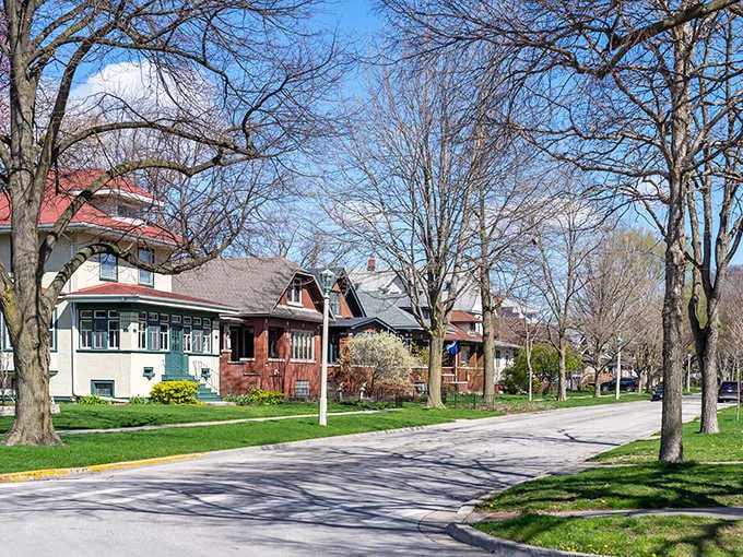 Mature trees arch over the street creating dappled shade, while historic homes showcase Prairie School and Craftsman styles side by side.
