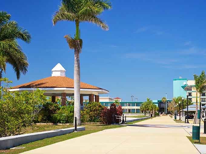 Wide walkways invite leisurely strolls under swaying palms, where the biggest decision is which bench to claim.