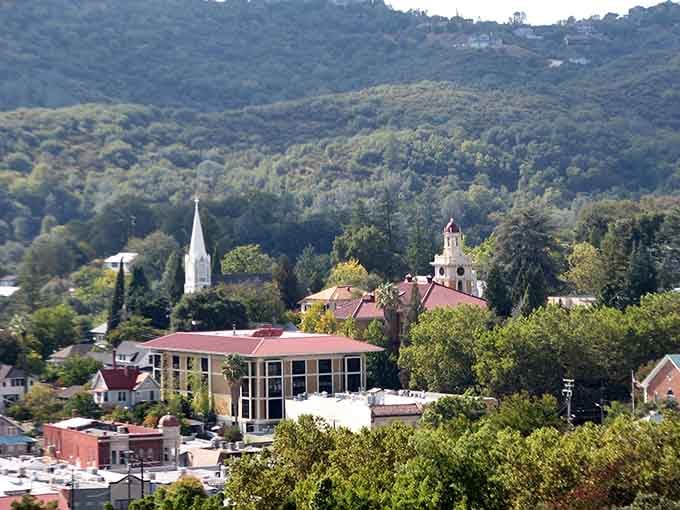 Church steeples rise above the rooftops in this hillside community where layers of history stack up like memories.