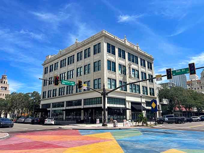 The rainbow crosswalk adds a splash of color to downtown streets where old meets new beautifully.