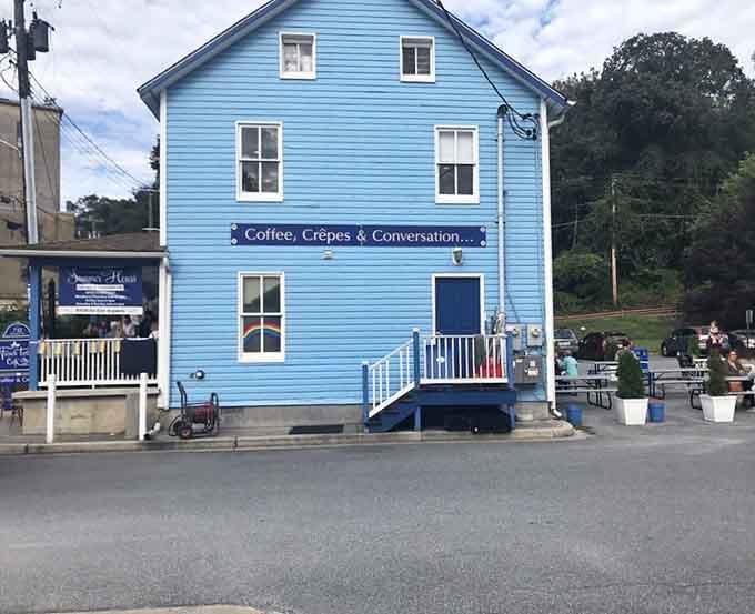 Coffee, crepes, and conversation &ndash; that tagline on the blue building tells you everything you need to know.