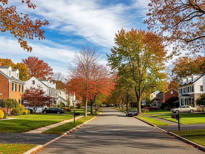 Fall's brilliant palette transforms this tree-lined street into nature's own masterpiece, worthy of a leisurely Sunday drive.