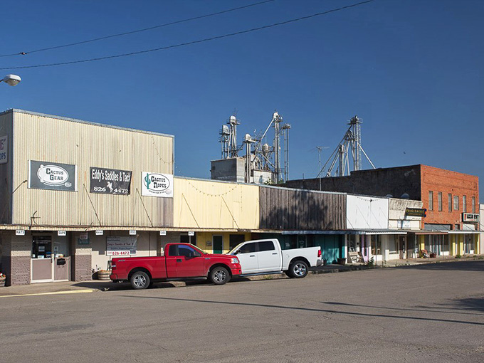 Grain silos tower behind Main Street, proving this town's agricultural roots run deeper than its foundations.