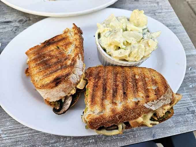 Grilled panini perfection with a side of coleslaw, proving Ale Emporium does more than just pizza.