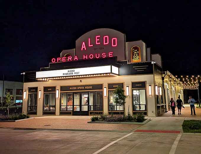 The Aledo Opera House glows at night, bringing culture and entertainment to a town that values both.