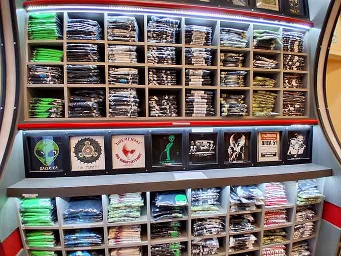 T-shirts and merchandise proving that nothing says "I survived the Mojave" quite like alien-themed souvenirs from Baker.