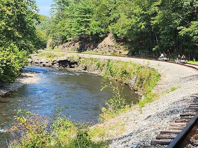 Babbling creek running alongside the tracks adds a peaceful soundtrack to your pedaling, better than any playlist.