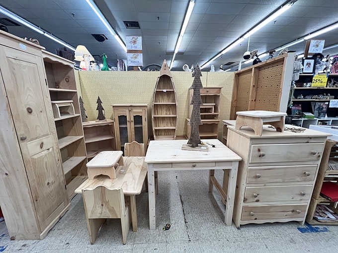 Handcrafted wooden furniture and birdhouses stack high, proving local artisans still create magic with simple tools and timber.