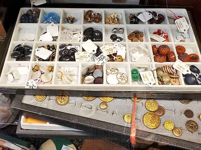 Antique buttons and earrings organized like tiny treasures in a jeweler's dream sorting system display.