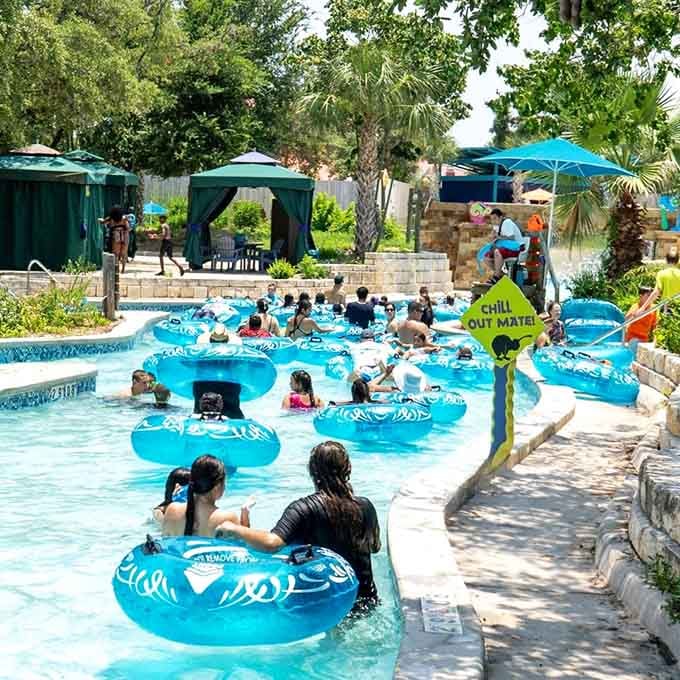 Blue tubes carrying happy humans through a winding waterway designed for maximum chill and minimum effort.