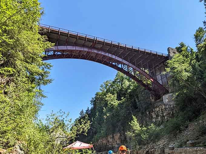 Historic bridges span the gorge, connecting trails while providing dramatic viewpoints for your camera's memory card.
