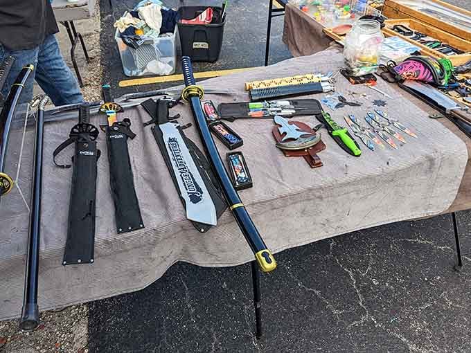 From fishing gear to collectibles, this eclectic display shows the beautiful chaos of flea market shopping done right.