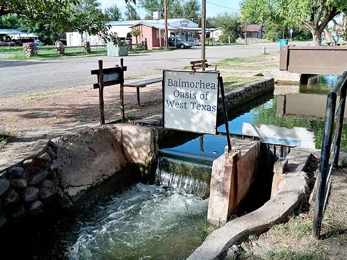 The town's modest spring display reminds you that this whole area runs on water that shouldn't exist here.