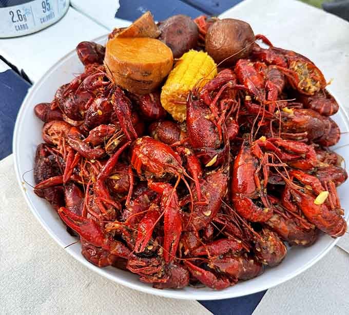 A mountain of crawfish with corn and potatoes is the kind of messy, delicious chaos we all need.