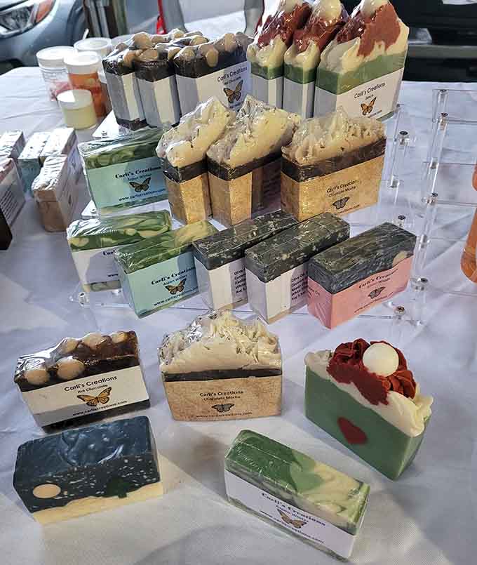 Artisan soaps stacked like delicious desserts, proving bath time can be both luxurious and affordable.