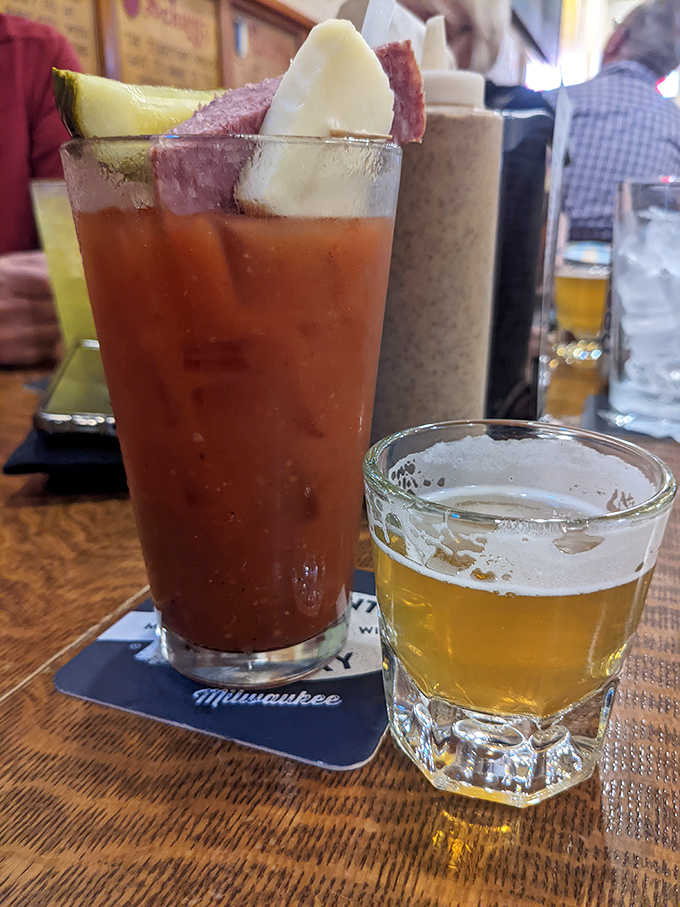 That Bloody Mary comes loaded with cheese and meat because in Wisconsin, even drinks are a full meal.