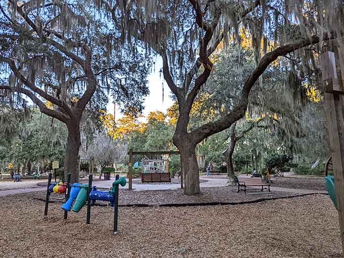 Spanish moss creates natural curtains around this playground where kids play beneath trees older than their great-grandparents.