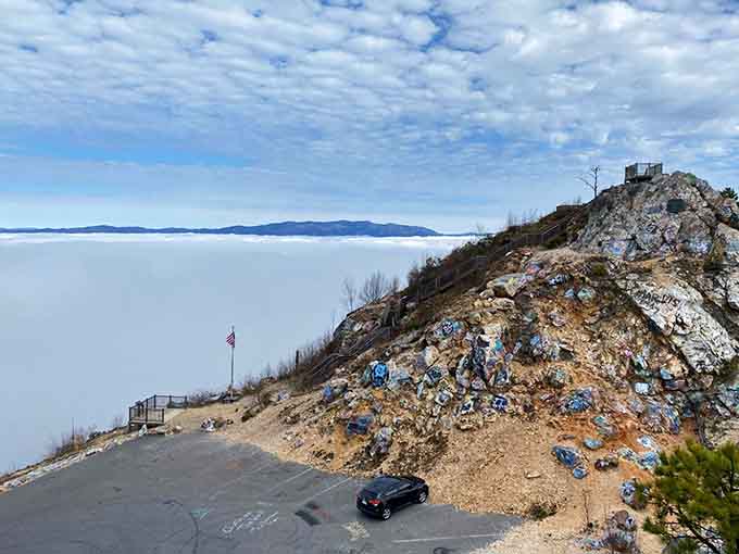 The parking lot sits above the clouds on foggy days, making you feel like you've driven into heaven.
