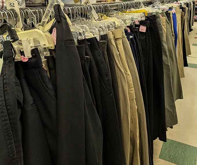 Pants organized by size and color make finding your perfect fit easier than parallel parking on a wide street.