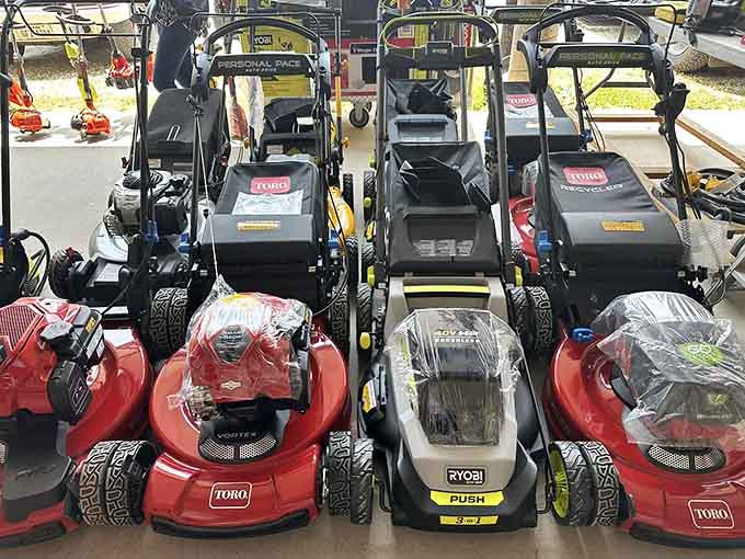 Lawn mowers standing at attention, ready to tackle your yard work without requiring a second mortgage payment.