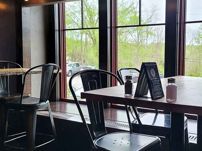 Window seats overlooking Ohio countryside while you eat, proving location matters almost as much as what's on your plate.