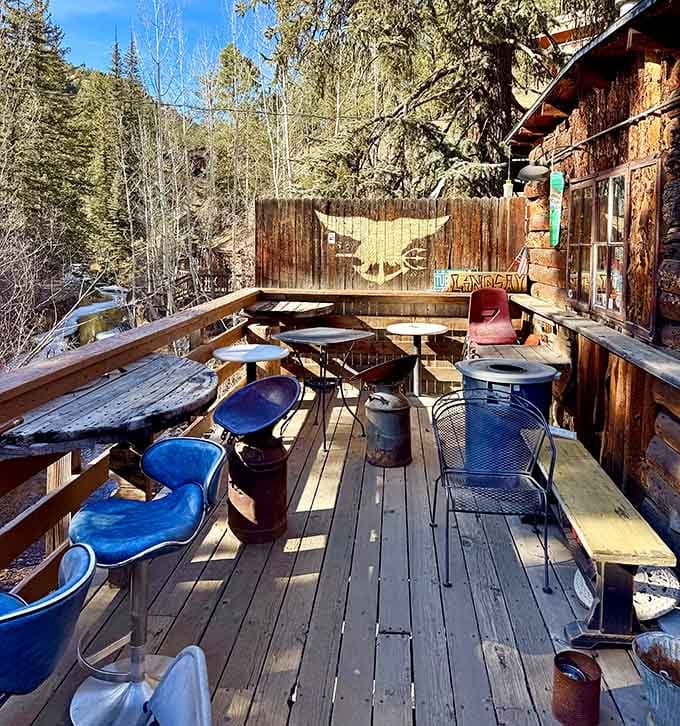 The outdoor deck offers front-row seats to nature's show, where pine trees provide the backdrop and fresh air comes complimentary.