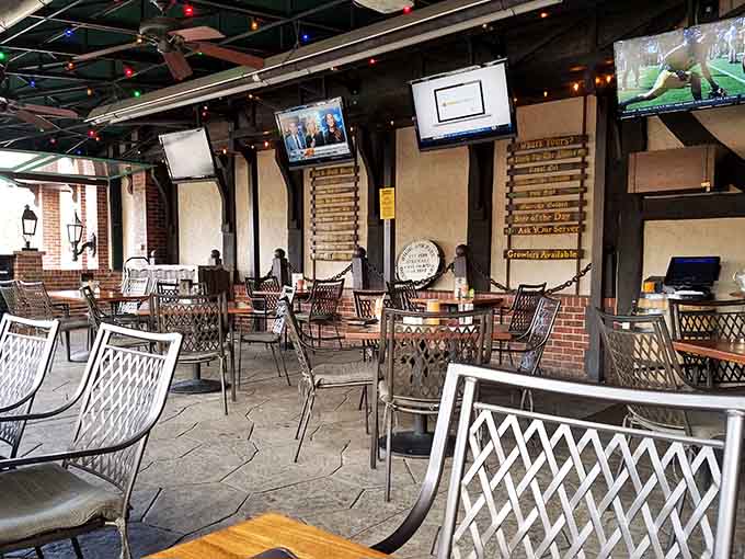 The outdoor patio offers fresh air, comfortable seating, and the perfect excuse to order another round before heading inside.