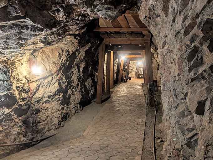 Wooden support beams frame the illuminated tunnel ahead, where mineral-streaked walls await your underground adventure into Arizona's depths.