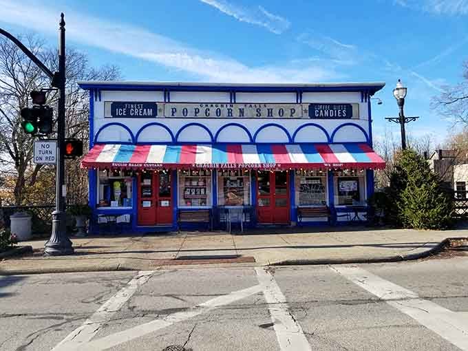 Red, white, and blue awnings, ice cream, popcorn, and pure nostalgia, the Chagrin Falls Popcorn Shop is Americana in a scoop.