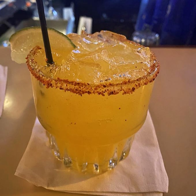 This margarita with its sugared rim looks like liquid sunshine in a glass, vacation vibes included.