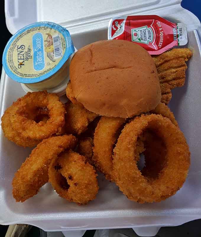 That fish sandwich with onion rings is basically edible happiness in a styrofoam container of joy.