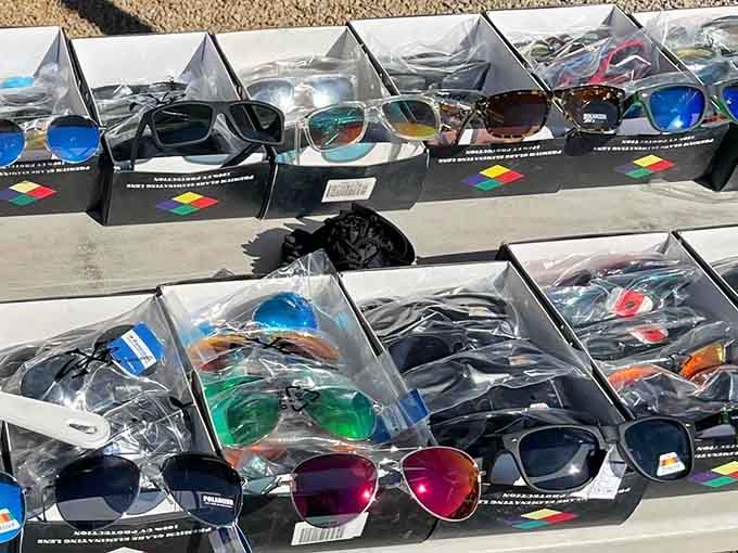 Sunglasses displayed like a rainbow coalition of eye protection, from aviators to cat-eyes to full Elvis mode.