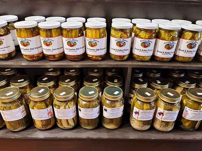 Local pickles lined up like edible soldiers, ready to add crunch and tang to whatever needs improving on your plate.