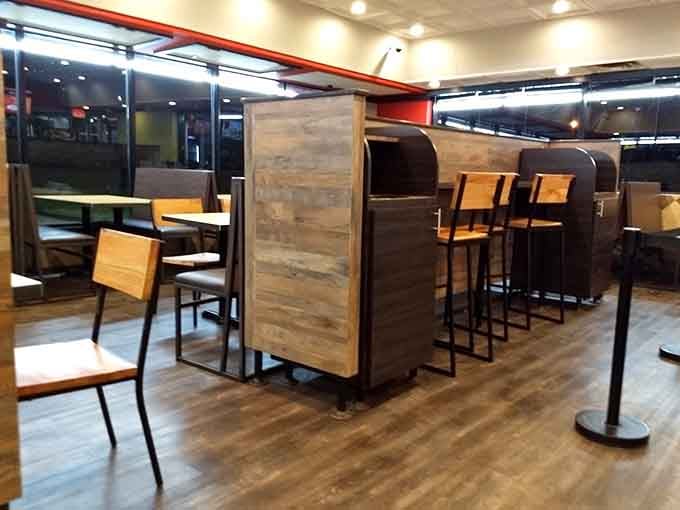 Booth seating and bar-style tables offer plenty of options for settling in with your feast.