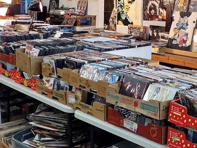 Vinyl records stack in organized chaos, each album cover a portal to musical memories and forgotten favorite songs.