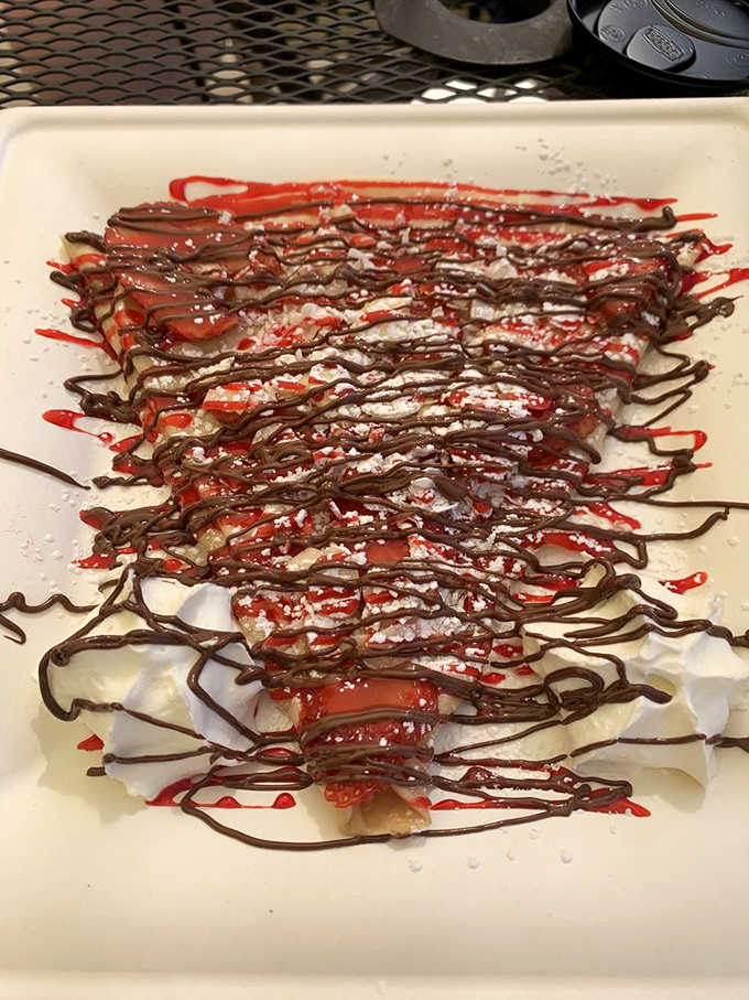 That chocolate and strawberry drizzle pattern looks like abstract art, except this masterpiece is meant to be devoured.