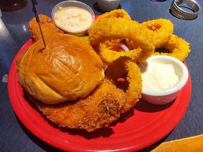 Crispy breaded fish with golden onion rings on the side makes you wonder why every meal doesn't come this way.