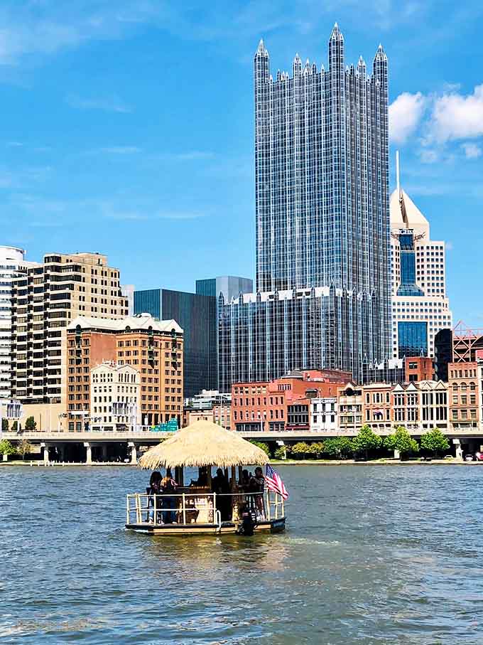 PPG Place towers over your floating paradise, reminding you that you're still in Pittsburgh, just the most fun version possible.