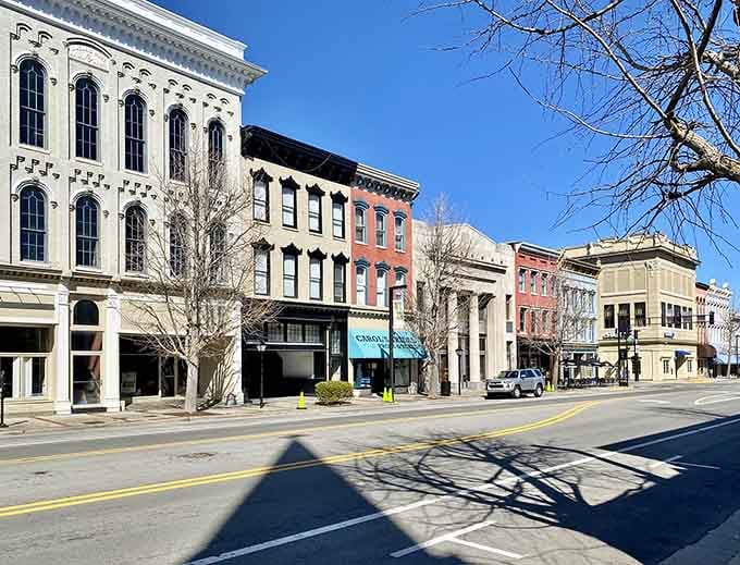 Winter sunlight casting long shadows across a street that's perfected the art of timeless charm over decades.