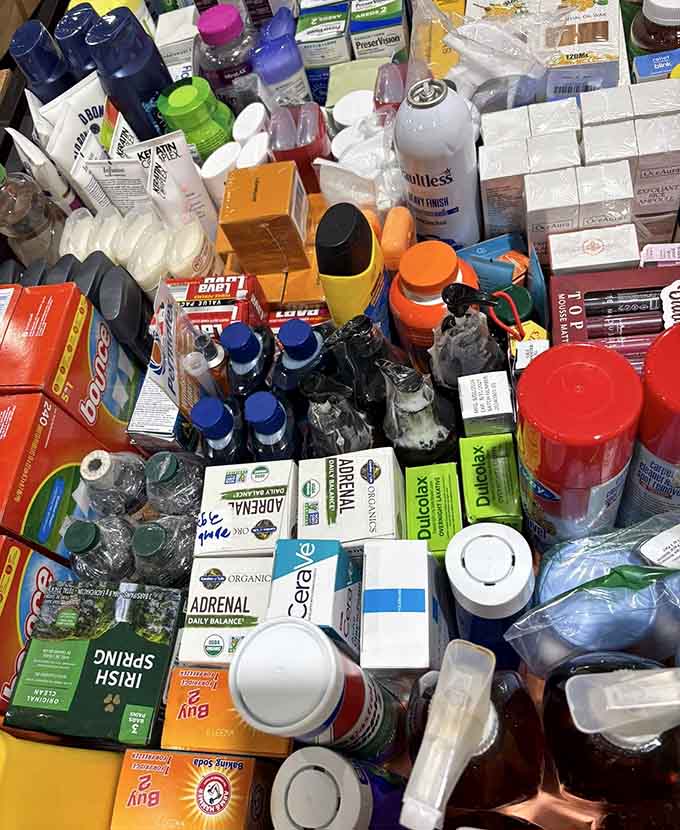 Personal care products and household essentials clustered together like a pharmacy had a yard sale with a spa.