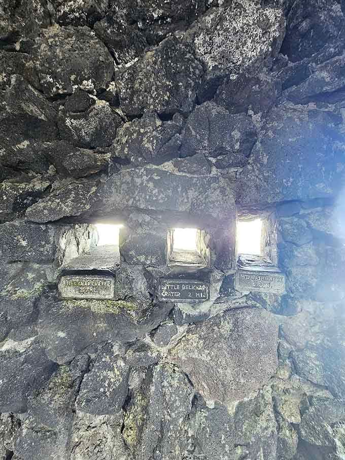 Three perfectly framed windows showcase different volcanic features, each view more dramatic than the last one.